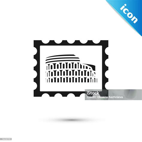 흰색 배경에 격리 된 검은 우편 스탬프와 콜로세움 아이콘 콜로세움 기호입니다 고대 로마의 상징 검투사 싸움 벡터 일러스트레이션 건축에 대한 스톡 벡터 아트 및 기타 이미지