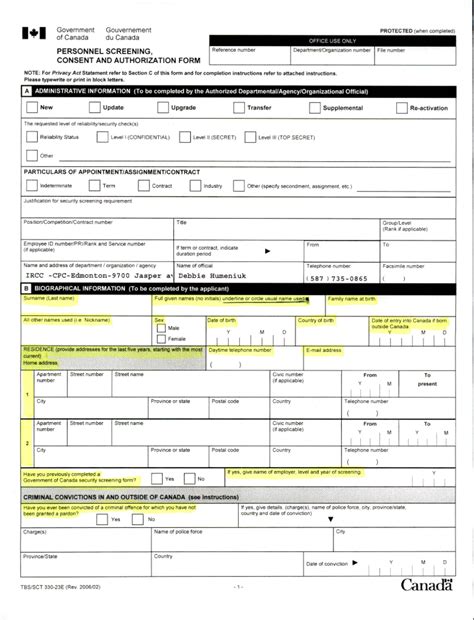 Security Screening Form Government Gouvernement Protected When