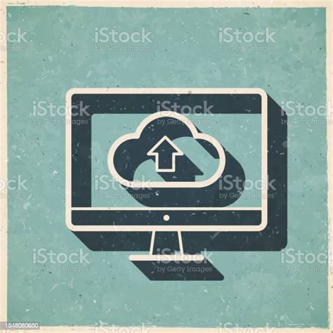 데스크톱 컴퓨터에서 클라우드 업로드 복고풍 빈티지 스타일의 아이콘 오래된 질감의 종이 개념에 대한 스톡 벡터 아트 및 기타
