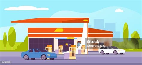 자동차 연료 공급 건물 가솔린 디젤 가스 오일 자동차 스테이션 채우기 연료 길가 상점 조경 도시 서비스 자동 급유 석유 호스 펌프 화려한 벡터 일러스트 레이 션 도로에 대한