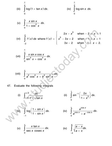 Cbse Class 12 Mathematics Integrals Worksheet Set A