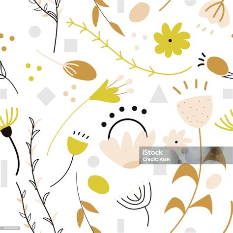 손으로 그린 추상 낙서 장식 벡터 패턴과 색깔의 꽃과 회색과 노란색 기하학적 인물 요소세트 완료되고 격리된 벡터 그림입니다 배경 화면 0명에 대한 스톡 벡터 아트 및 기타