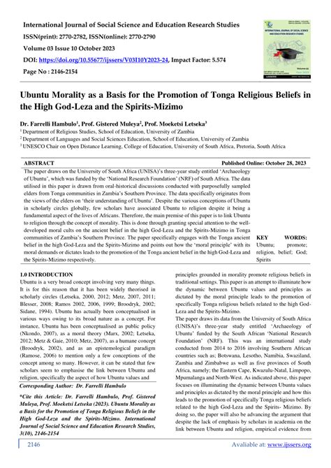 Pdf Ubuntu Morality As A Basis For The Promotion Of Tonga Religious