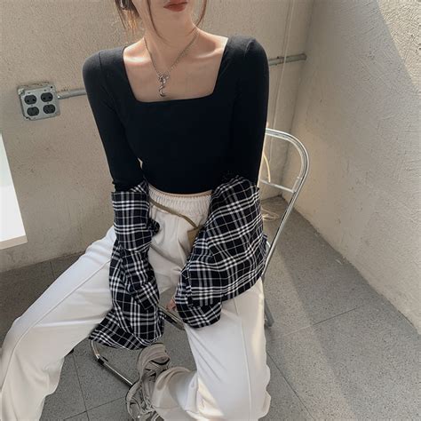 早秋辣妹方领短款上衣女春装2024年新款紧身内搭打底衫长袖t恤ins虎窝淘