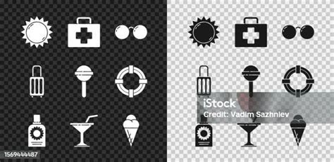 세트 태양 구급 상자 안경 자외선 차단제 스프레이 병 마티니 유리 아이스크림 와플 콘 여행 가방 및 롤리팝 아이콘 벡터 0명에