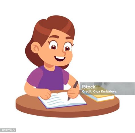 학교 책상에 여자 책과 교과서와 함께 앉아 미소 아이 수업 교육 개념을 공부 수업에서 행복한 학생 벡터 데일리 루틴 만화 벡터 격리 된 문자 아이에 대한 스톡 벡터 아트 및