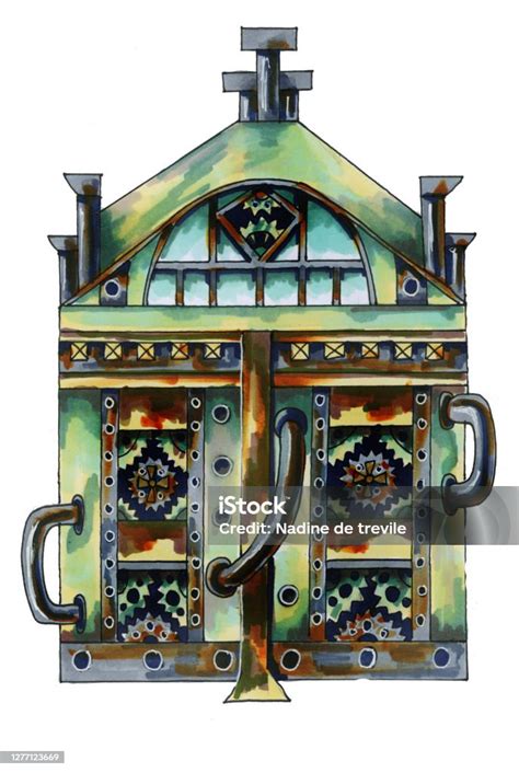 스팀펑크 아키텍처 기계 요소 파이프 및 기어가있는 스팀 펑크 하우스 금속 황동 강철로 만든 환상적인 건축물 손으로 그린 수채화 스케치 흰색 배경의 격리 기어 기계 부분에