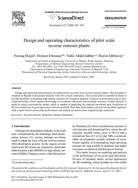 Pdf Design And Operating Characteristics Of Pilot Scale Reverse