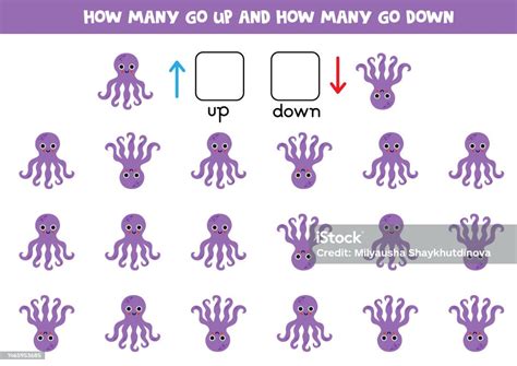 귀여운 만화 문어와 함께 위 또는 아래로 아이들이 방향을 배울 수있는 교육 게임 0명에 대한 스톡 벡터 아트 및 기타 이미지