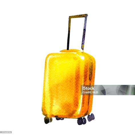 여행 가방 노란 바퀴 달린 여행 가방 격리 아이콘 관광 여행의 상징 여름 휴가 및 여행 개념 흰색에 손으로 그린 수채화 그림 가방에 대한 스톡 벡터 아트 및 기타 이미지