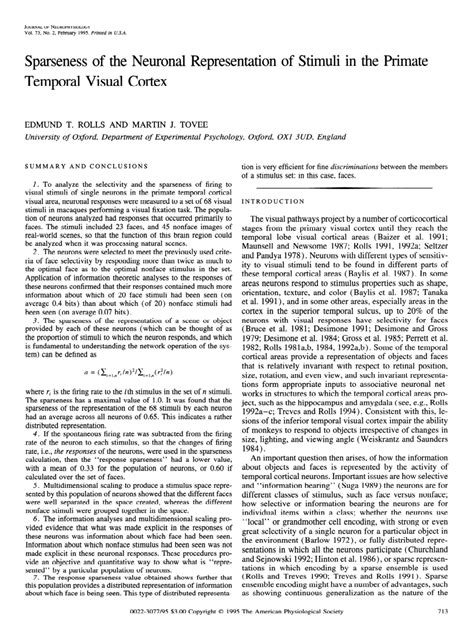 PDF Sparseness Of The Neuronal Representation Of Stimuli In The