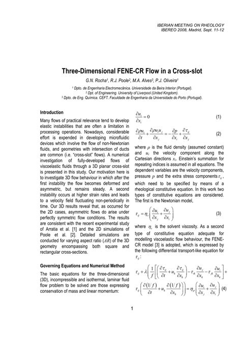 Pdf Three Dimensional Fene Cr Flow In A Cross Slot