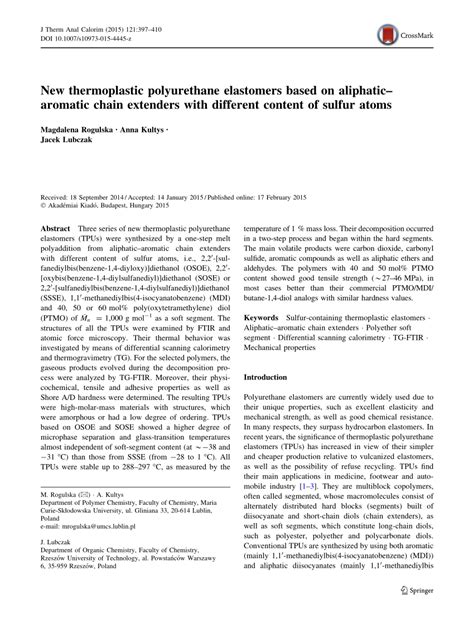 Pdf New Thermoplastic Polyurethane Elastomers Based On Aliphatic Aromatic Chain Extenders With