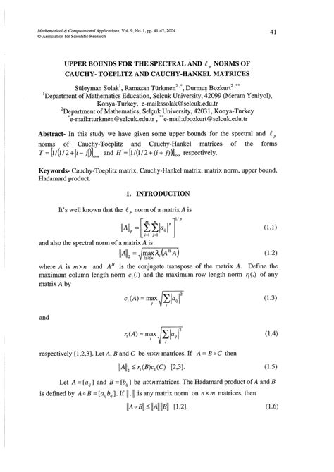 Pdf Upper Bounds For The Spectral And Lp Norms Of Cauchy Toeplitz And Cauchy Hankel Matrices