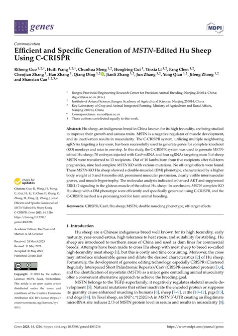 Pdf Efficient And Specific Generation Of Mstn Edited Hu Sheep Using C Crispr