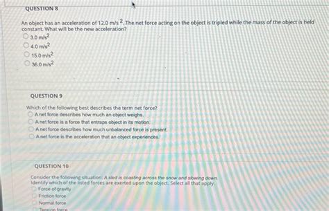 solved question 8 an object has an acceleration of 12 0 m s