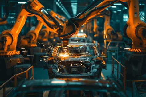 Automated Robotic Arms Welding A Car Chassis On The Assembly Line In An Industrial Factory