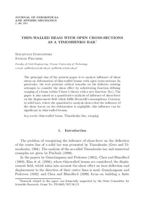 Pdf Thin Walled Beam With Open Cross Sections