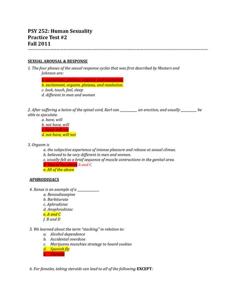 Practice Questions Exam 2 PSY 252 Human Sexuality Practice Test Fall 2011 SEXUAL AROUSAL