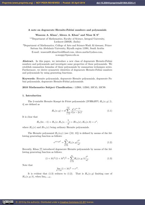 Pdf A Note On Degenerate Hermite Fubini Numbers And Polynomials