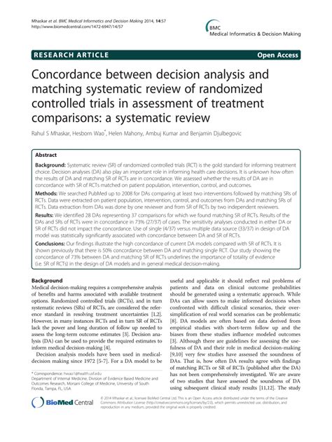 Pdf Concordance Between Decision Analysis And Matching Systematic Review Of Randomized