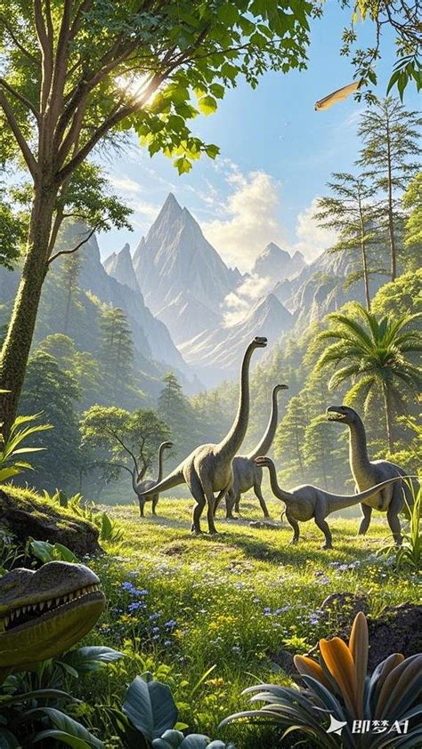 生成一个原始森林的有少量恐龙的直播背景图，真实清晰远景，蓝蓝的天空，有纵深感，画面给人唯美的感觉 3 花瓣网