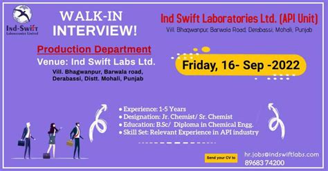 Ind Swift Laboratories Ltd Walk In Interview For Bsc Diploma In Chemical Engineering
