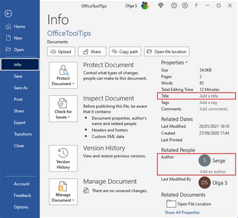 how to use the document information microsoft word 365
