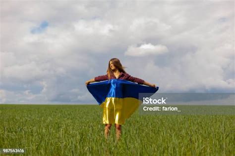 격자 무늬 셔츠와 짧은 데님 반바지 보유 국가 우크라이나어 봄에서 구름과 밝은 태양 녹색 밀밭 푸른 하늘에 대 한 플래그에 아름 다운 우크라이나 여자 0명에 대한 스톡 사진