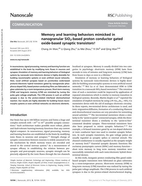 Pdf Memory And Learning Behaviors Mimicked In Nanogranular Sio2 Based