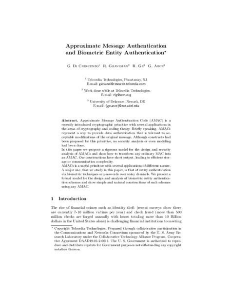 pdf approximate message authentication and biometric entity authentication