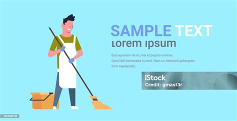 남자 장갑 및 앞치마 세척 바닥 남자 사용 걸 레 하는 집안일 청소 개념 평면 수평 복사 공간 파란색 배경 전체 길이 가사 집안일에 대한 스톡 벡터 아트 및 기타 이미지