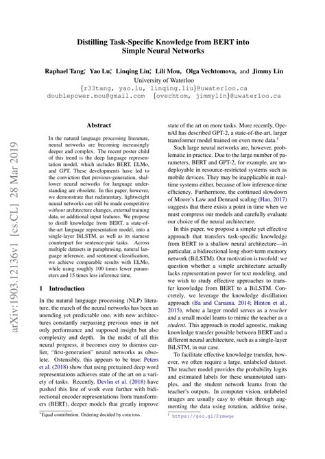 Pdf Distilling Task Specific Knowledge From Bert Into Simple Neural Networks