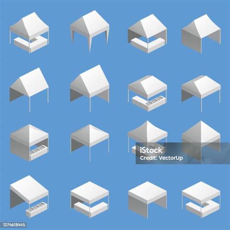 세트 텐트 무역 이벤트 Isometry 홍보 옥외 광고 캐노피 모바일 템플릿 벡터 격리 그림 3차원 형태에 대한 스톡 벡터 아트 및 기타 이미지 Istock