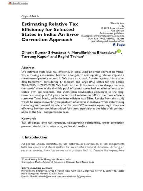 Srivastava Et Al 2023 Estimating Relative Tax Efficiency For Selected States In India An Error