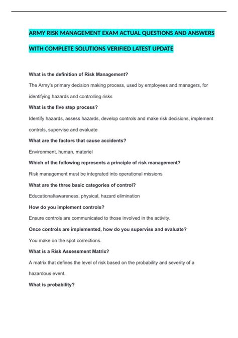 ARMY RISK MANAGEMENT EXAM ACTUAL QUESTIONS AND ANSWERS WITH COMPLETE SOLUTIONS VERIFIED LATEST