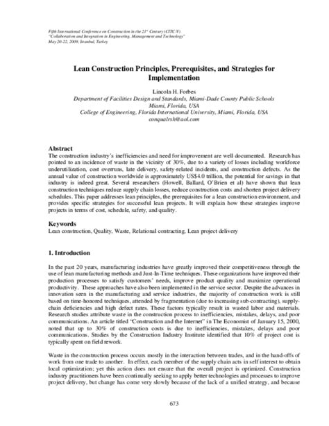 pdf lean construction principles prerequisites and strategies for implementation