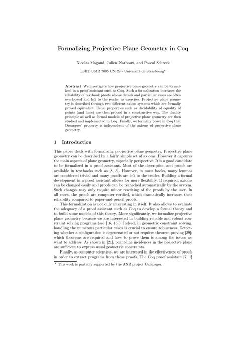 Pdf Formalizing Projective Plane Geometry In Coq