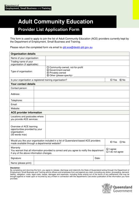 Queensland Australia Adult Community Education Provider List Application Form Fill Out Sign