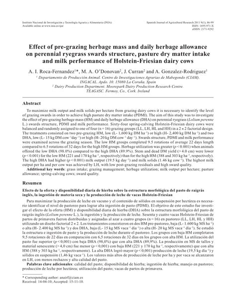 Pdf Effect Of Pre Grazing Herbage Mass And Daily Herbage Allowance On