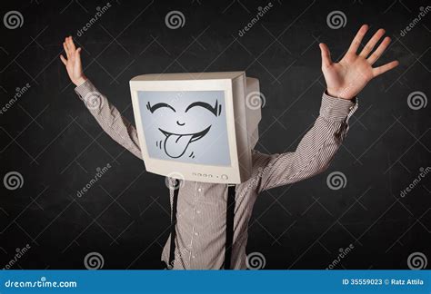 Happy Business Man With A Computer Monitor And A Smiley Face Stock Photos Image