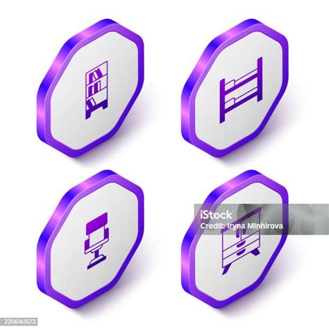 아이소 메트릭 도서관 책장 이층 침대 사무실 의자 및 서랍장 아이콘을 설정합니다 보라색 육각형 버튼 벡터 0명에 대한 스톡 벡터 아트 및 기타 이미지 Istock