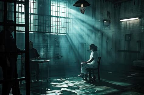 Dark Interrogation Room Investigators Questioning A Woman Premium Ai