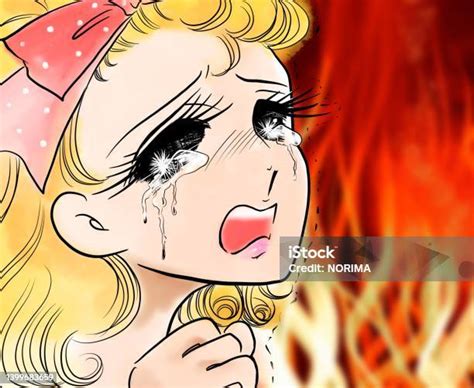 상한 마음을 가지고 충격의 눈물을 많이 흘리는 아름다운 금발 소녀의 70 년대 쇼조 만화 삽화 만화 스타일에 대한 스톡 벡터