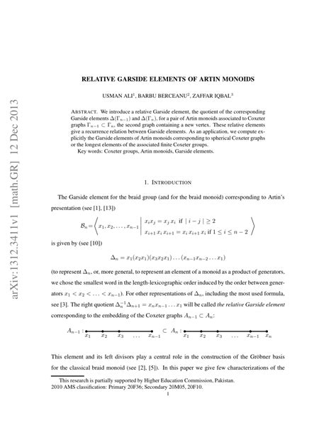 Pdf Relative Garside Elements Of Artin Monoids