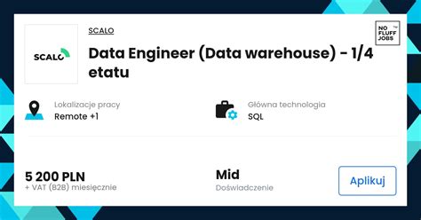 Praca Data Engineer Data Warehouse 1 4 Etatu Data Scalo Zdalnie No Fluff Jobs