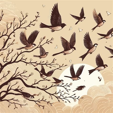 Vector Flock Of Flying Birds On Tree Branch Premium Ai Generated Vector