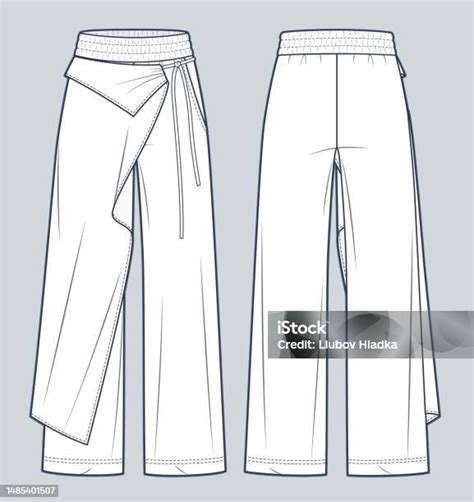 랩 팬츠 테크니컬 패션 일러스트레이션 와이드 레그 바지 패션 플랫 기술 도면 템플릿 특대 탄성 허리띠 앞뒤보기 흰색 여성 남성