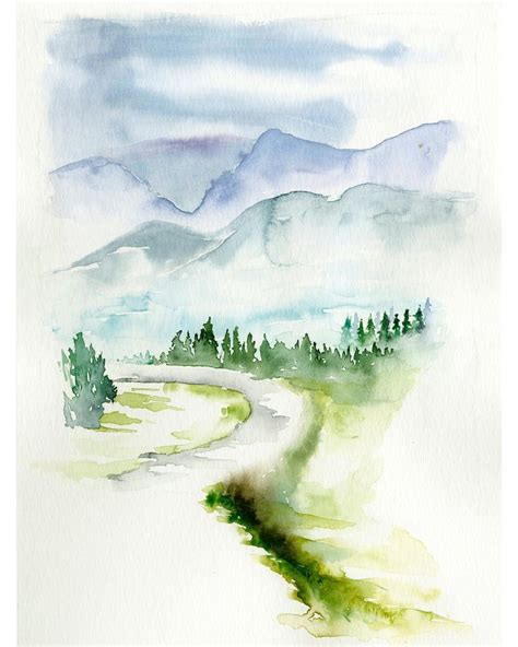 Blue And Green Art Prints Watercolor Landscape Prints Nature Print
