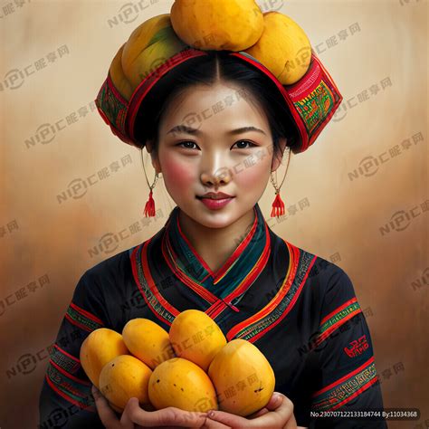 Ai创作图彝族美女 拿着很多芒果 昵图网